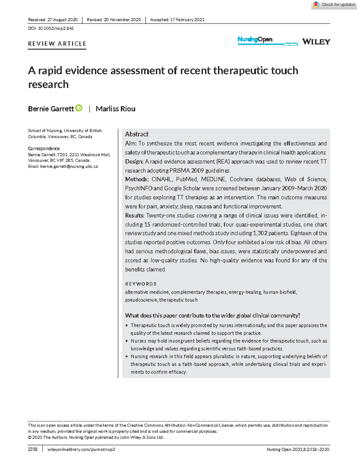 A Rapid Evidence Assessment of Therapeutic Touch Research - NUR 2021 ...