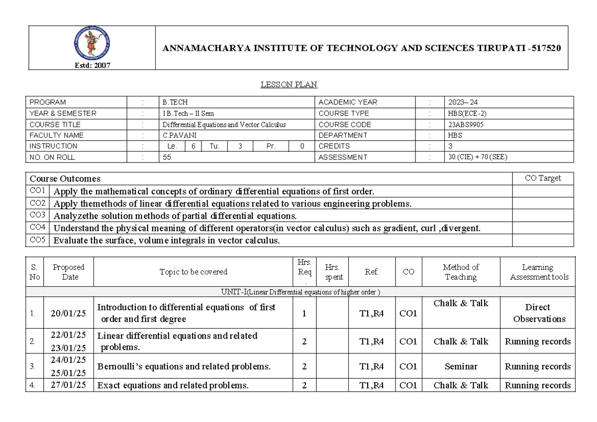 Differential Equations & Vector Calculus Lesson Plan - 23ABS9905 - Studocu