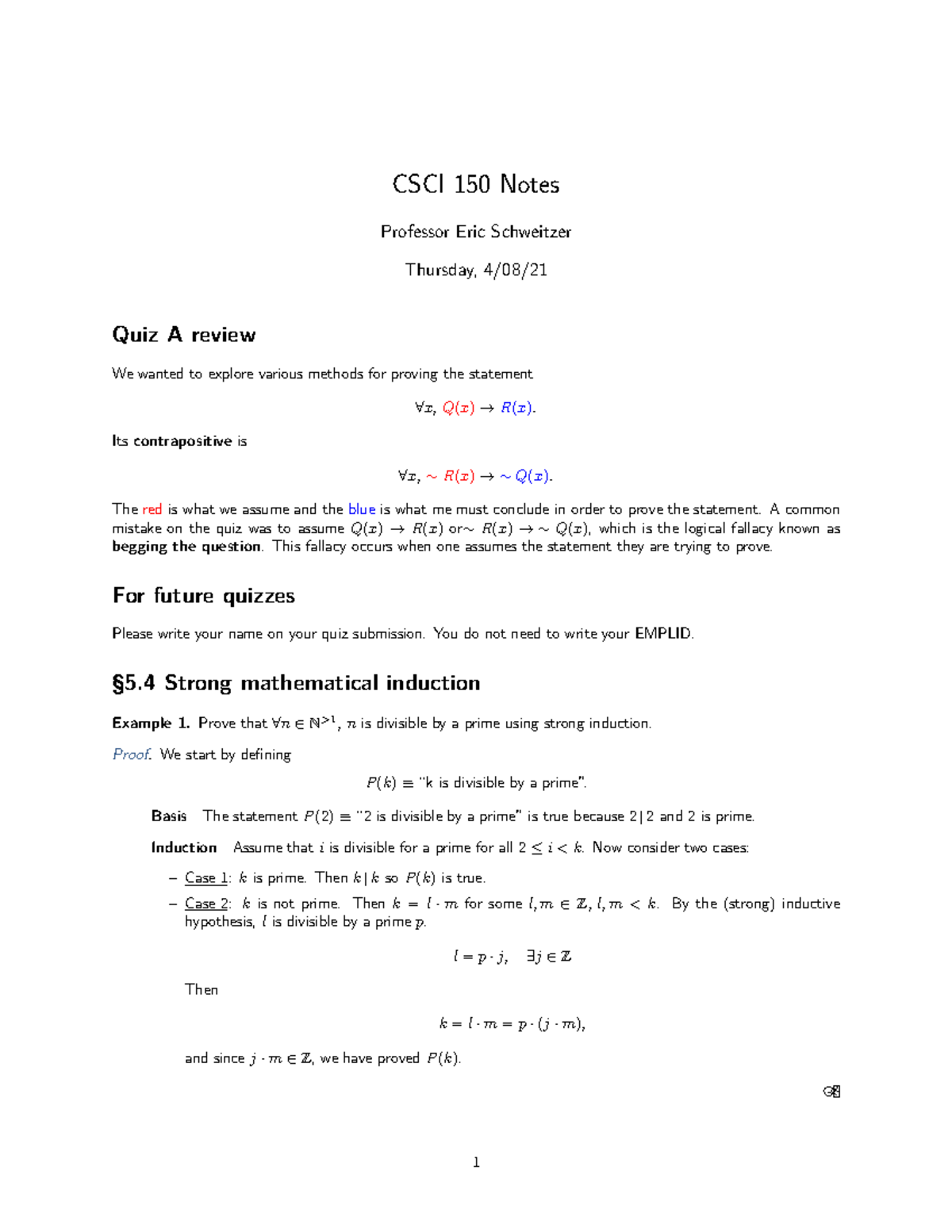 CSCI 150 Notes 4 08 - CSCI 150 Notes Professor Eric Schweitzer Thursday ...