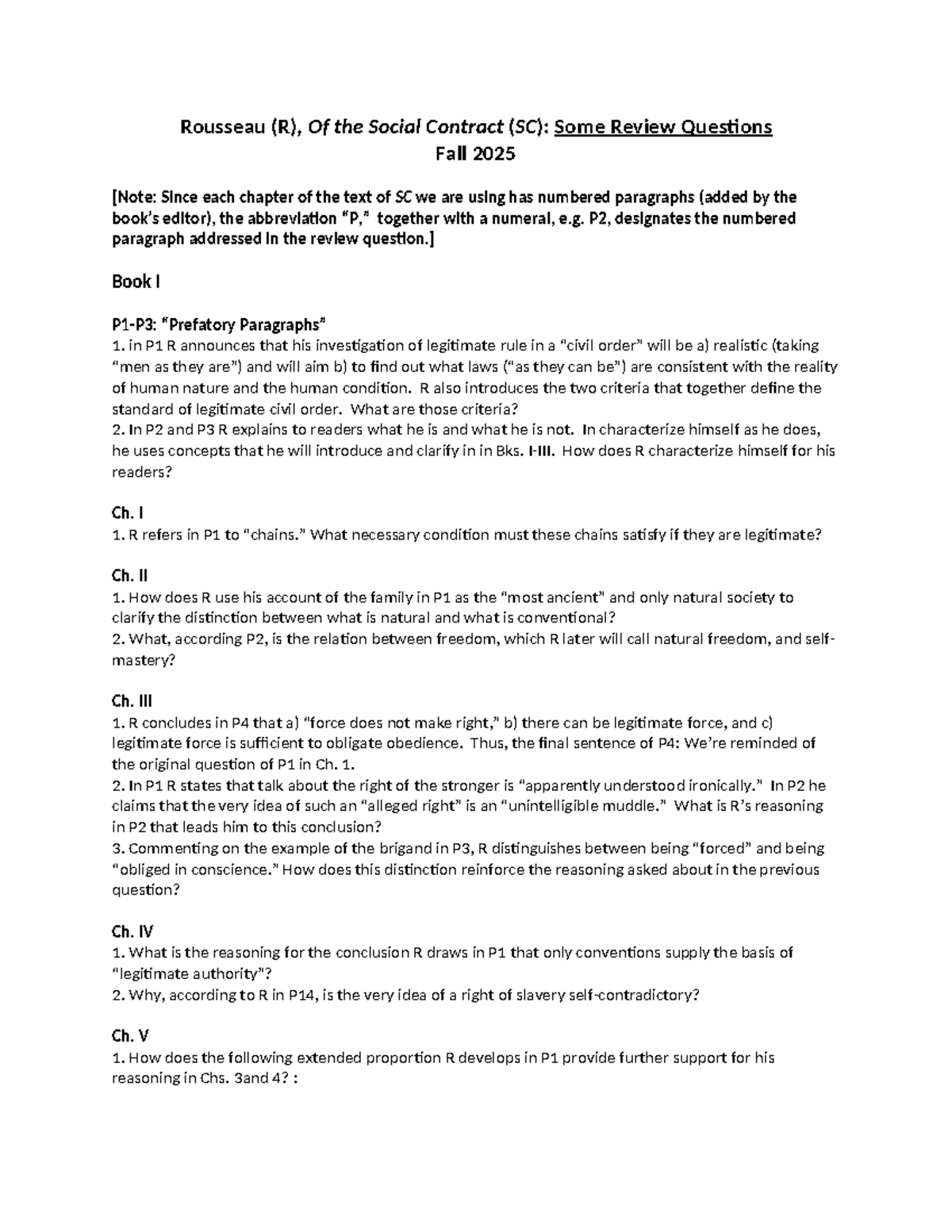 Review Questions on Rousseau's "Of the Social Contract" (SC) - Fall 2025 - Studocu