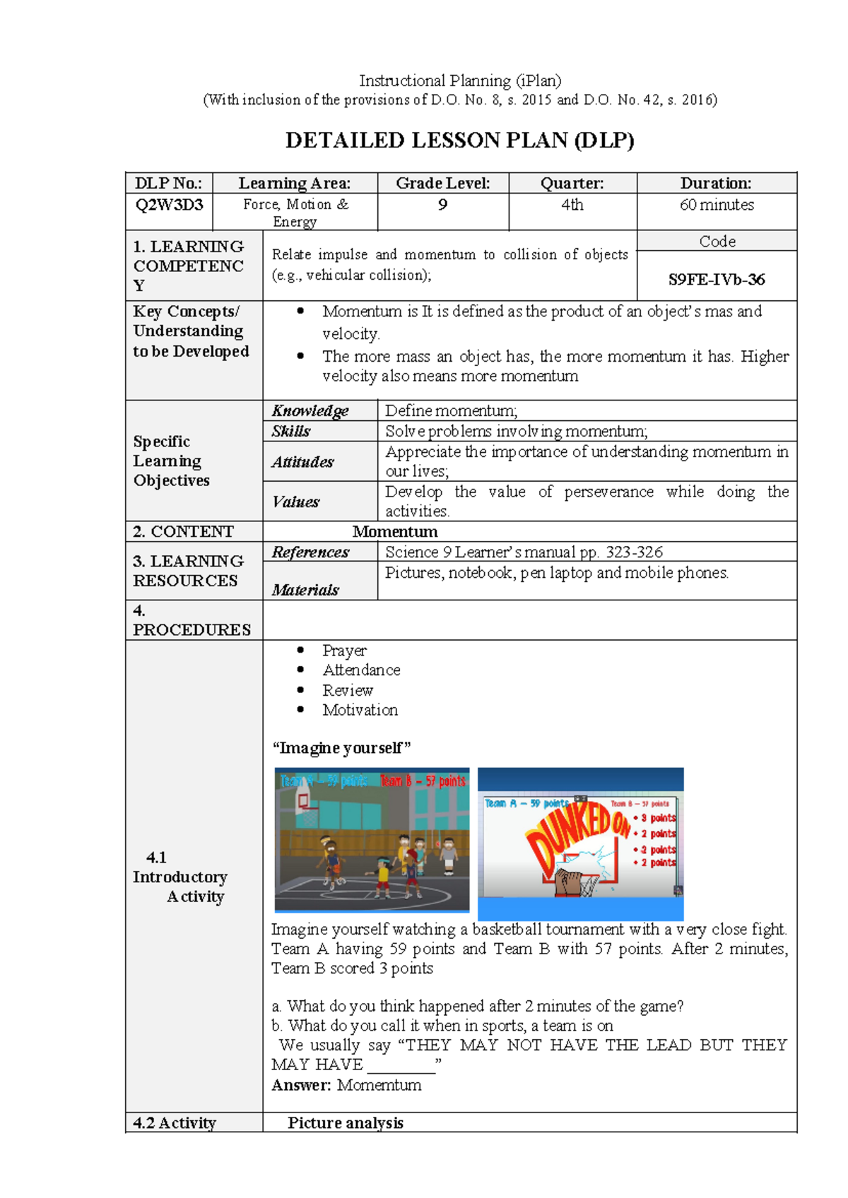 Detailed Lesson Plan (DLP) on Momentum - Science 9 4th Grade - Studocu
