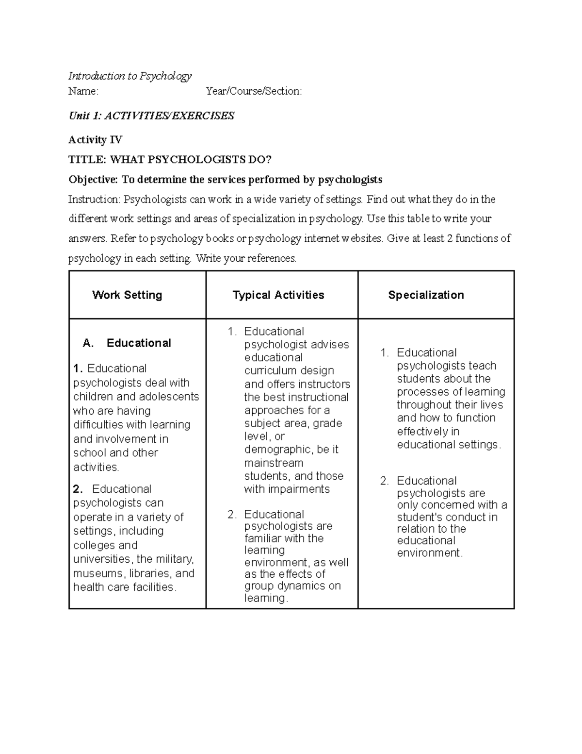 ITP unit 1 - introduction to psychology unit 1 activity - Introduction to Psychology Name: - Studocu