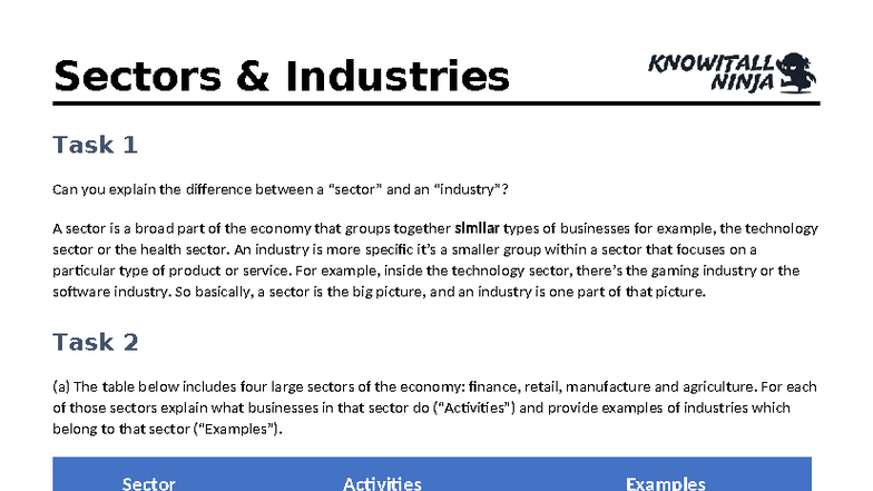 04 Sectors & Industries Worksheet - Sectors & Industries Task 1 Can you ...
