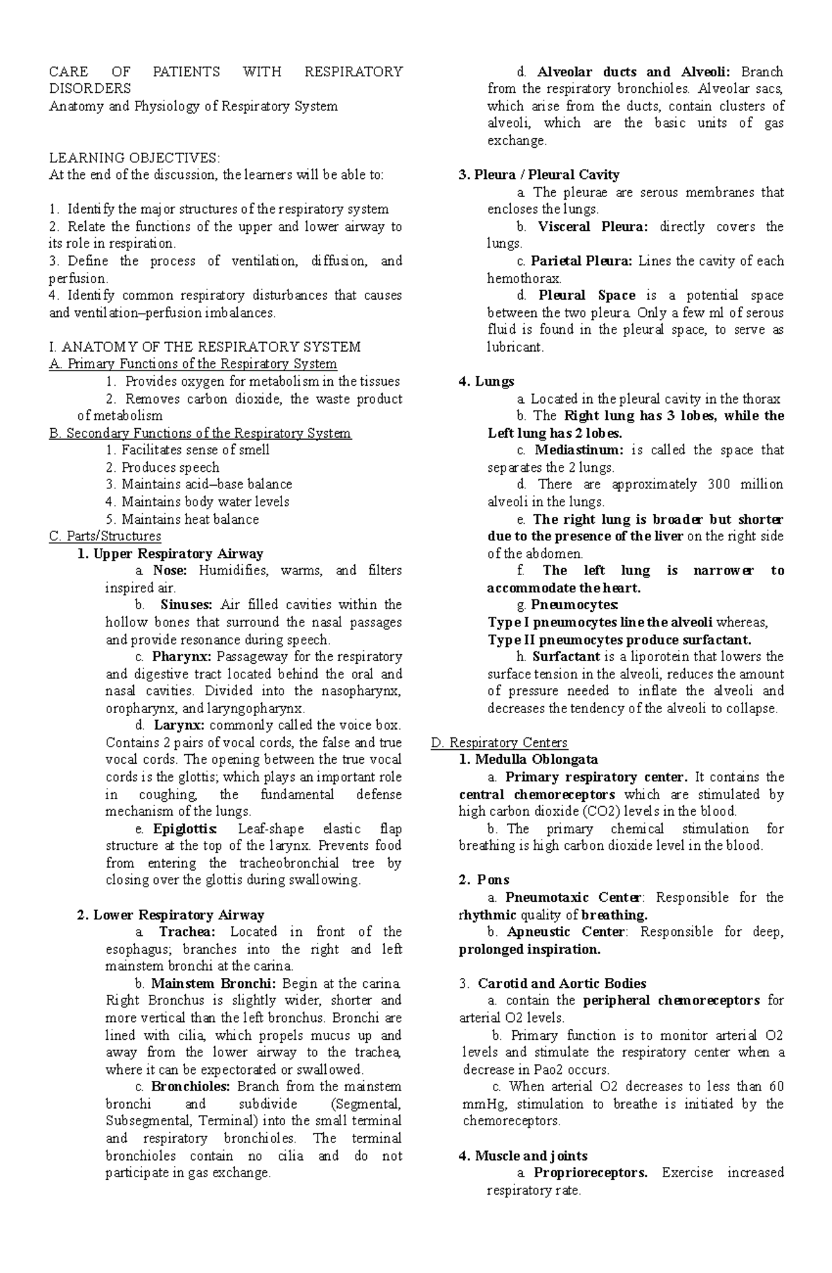 Anatomy & Physiology of the Respiratory System - Course Notes - Studocu