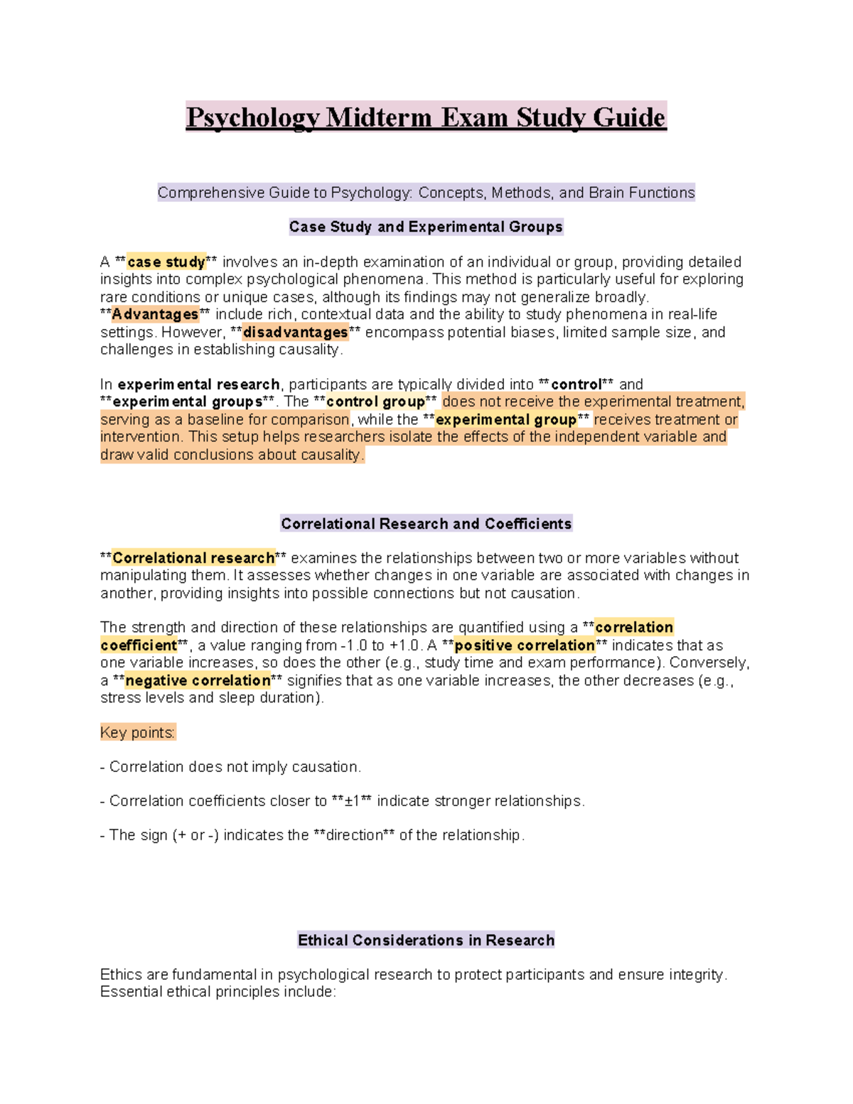 Psychology PSY101 Midterm Exam Study Guide: Concepts & Methods Overview - Studocu