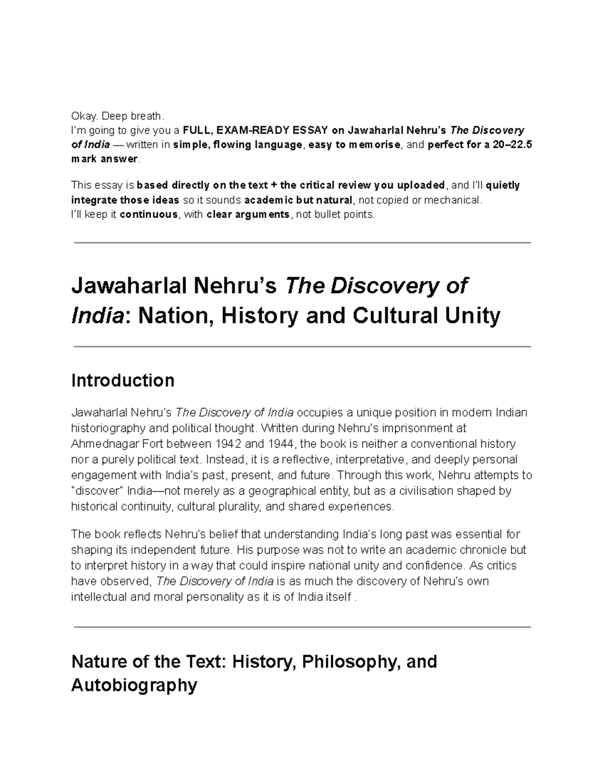 Essay Notes: Jawaharlal Nehru's "The Discovery of India" Analysis - Studocu