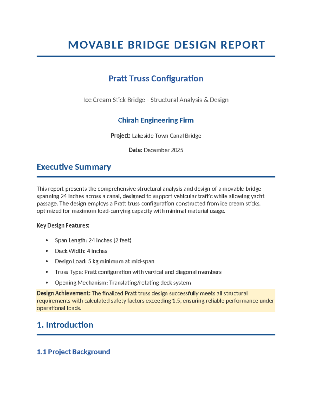 MOVABLE BRIDGE DESIGN REPORT: Pratt Truss Analysis for Lakeside Canal ...