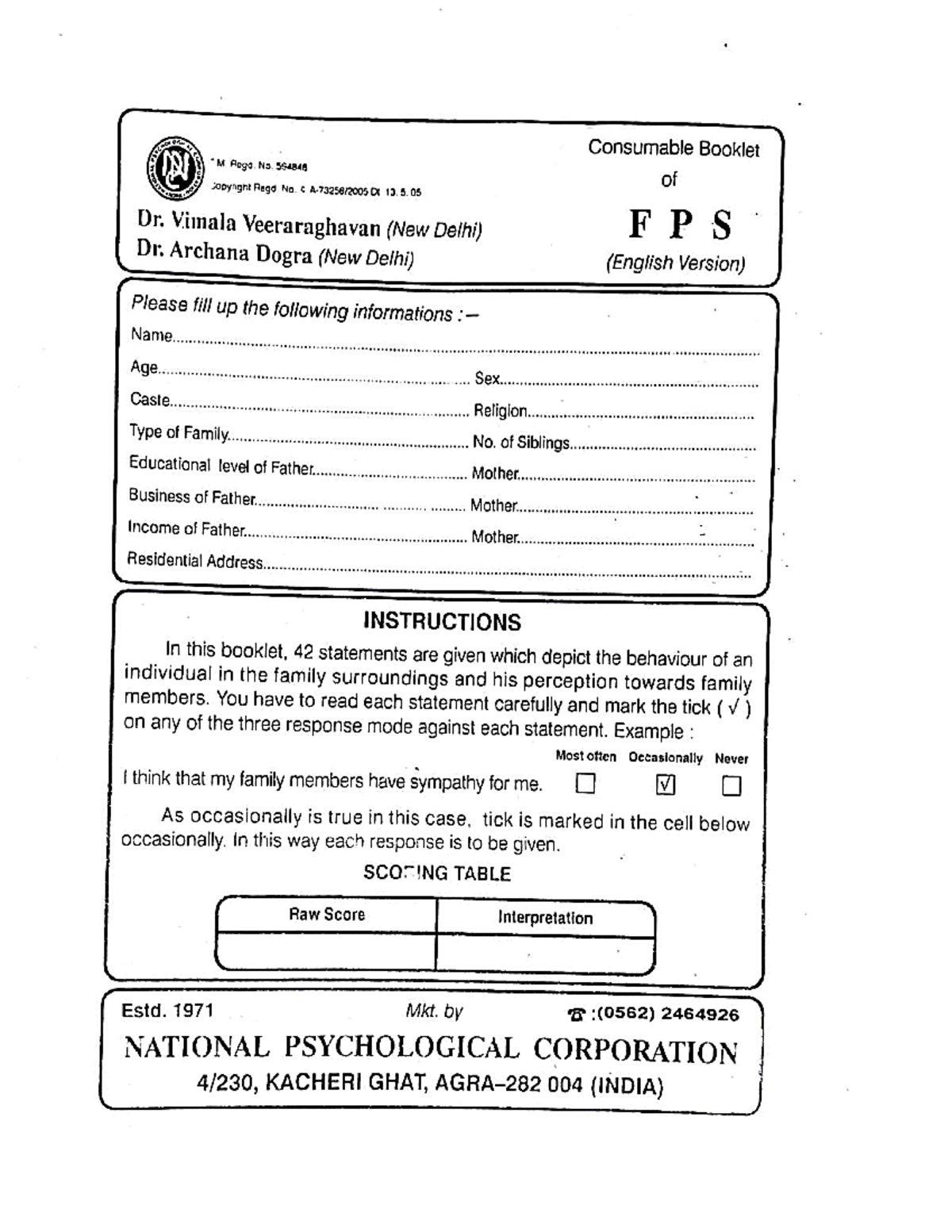 Family Pathology Scale (FPS) - Consumable Booklet and Checklist - Studocu