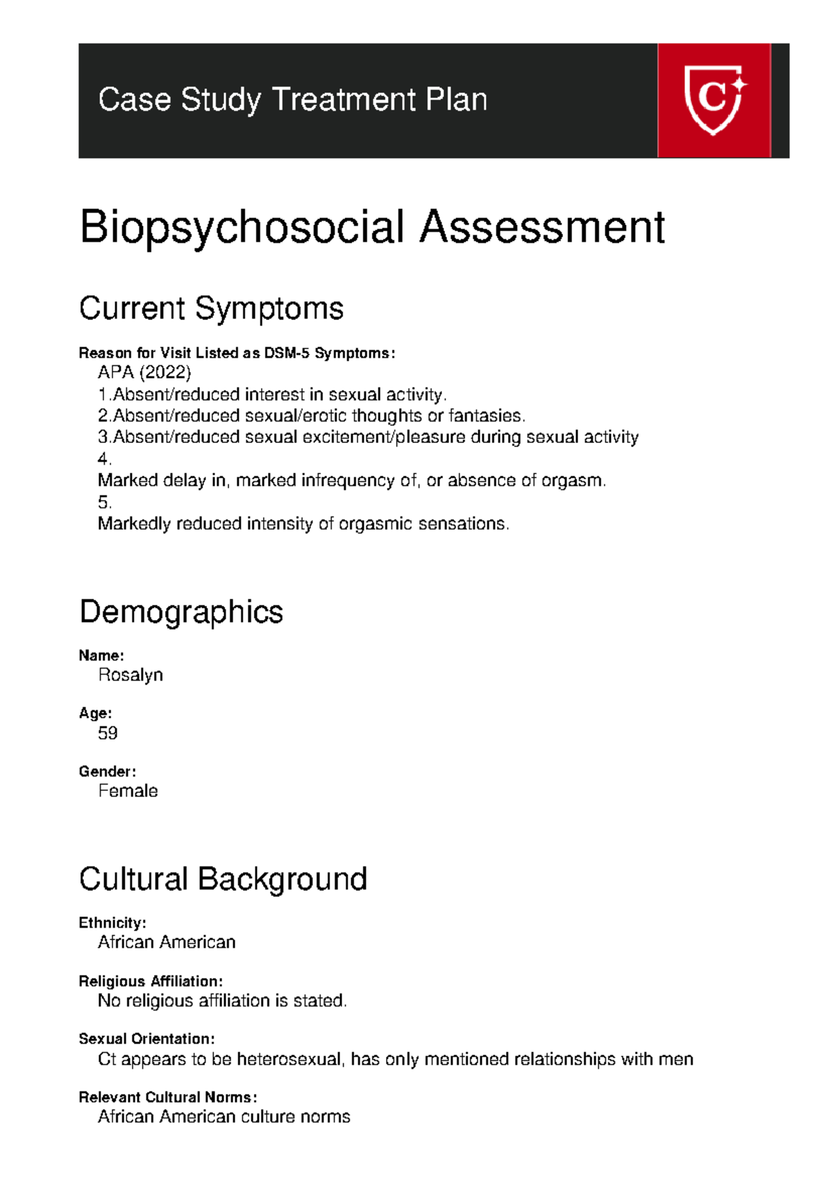 Biopsychosocial Assessment Case Study: Rosalyn's Treatment Plan - Studocu