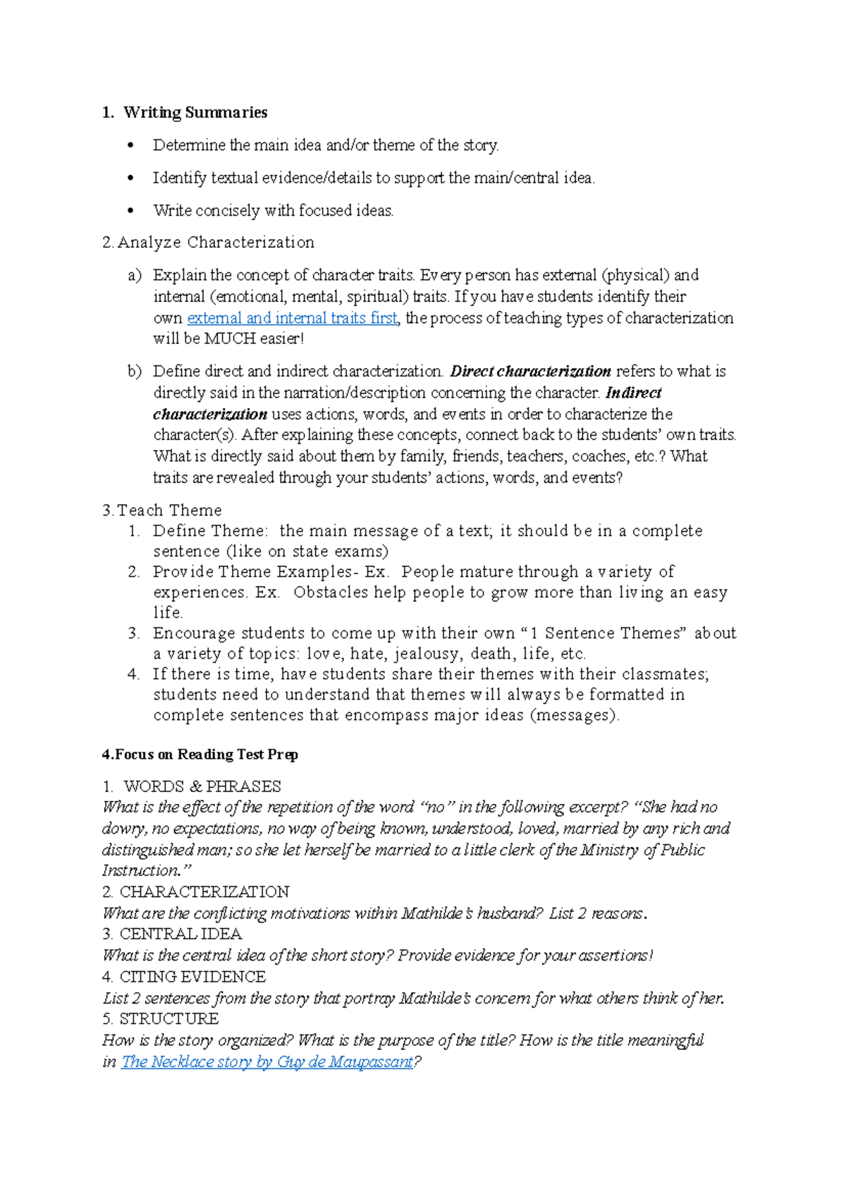 ENG 101: The Necklace Activity - Summarizing, Characterization & Theme ...