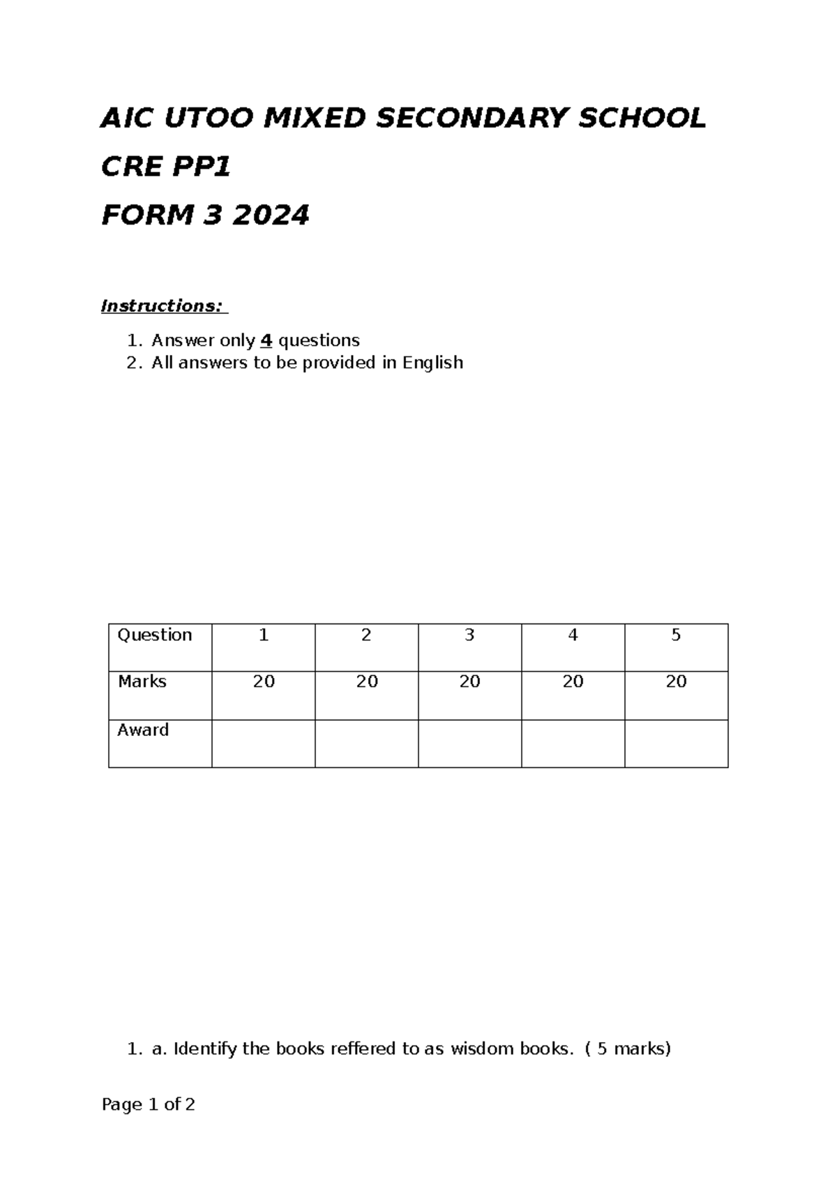 CRE PP1 Form 3 - Paper One Questions and Instructions 2024 - Studocu