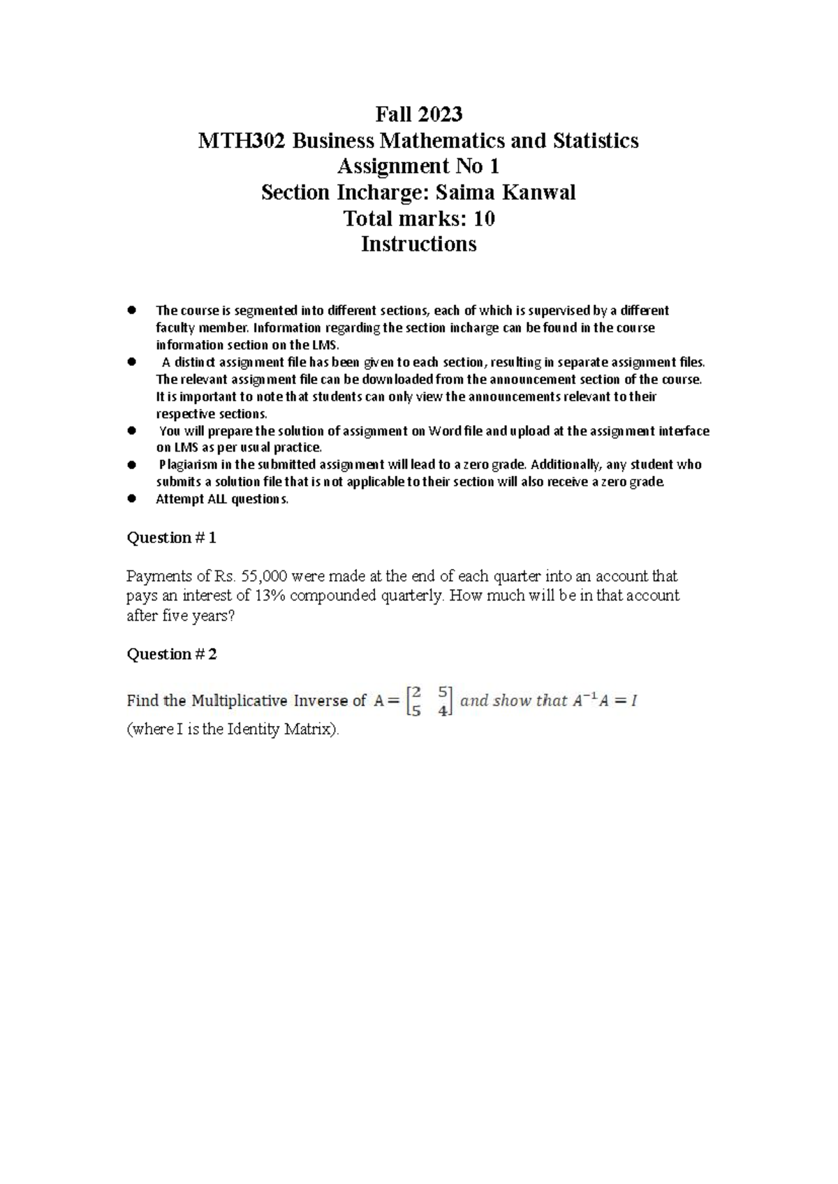 Mth302 - ADP accounting & finance - Fall 2023 MTH302 Business ...