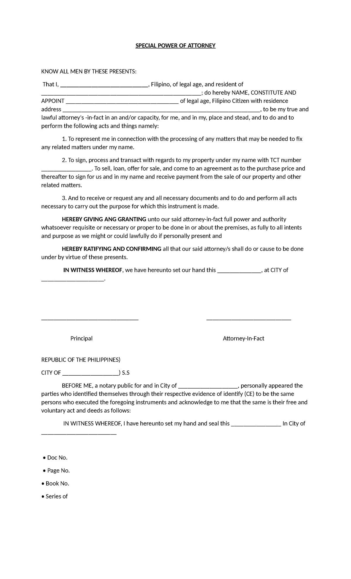 Special Power of Attorney Document Template - Studocu
