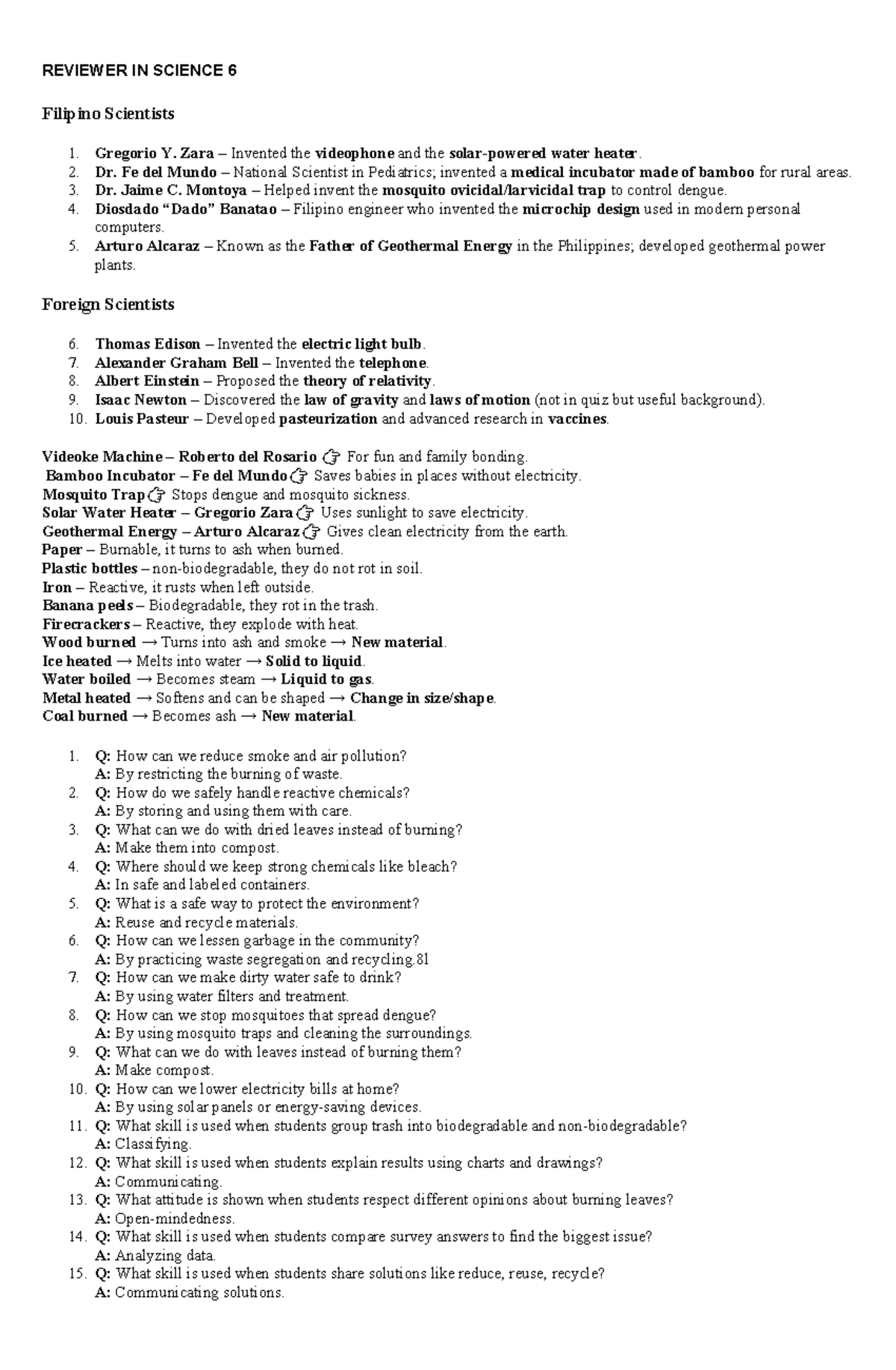 REVIEWER IN Q1 SCIENCE 4: Filipino & Foreign Scientists - Studocu
