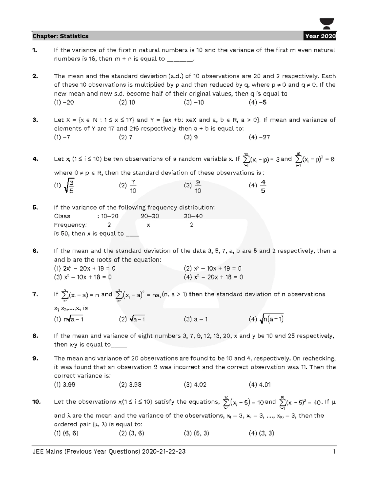 Chapter: Circle JEE Mains Previous Year Questions (2020-2023) - Studocu