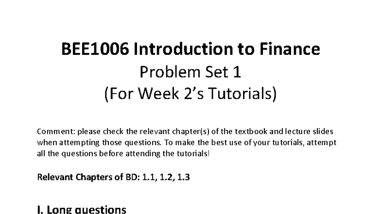 BEE1006 Introduction to Finance Problem Set 1 - Week 2 Practice - Studocu