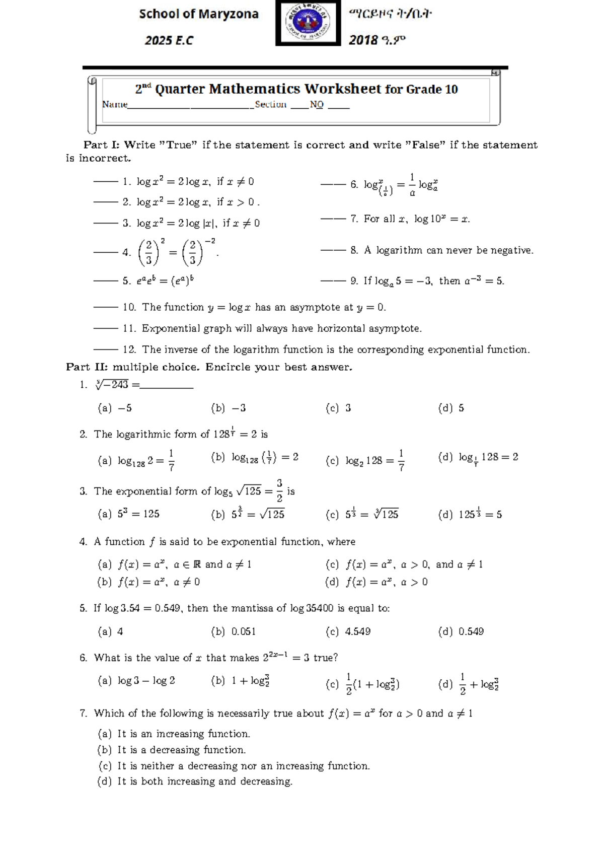Marizona Math 10: Logarithms & Exponential Functions Worksheet - Studocu