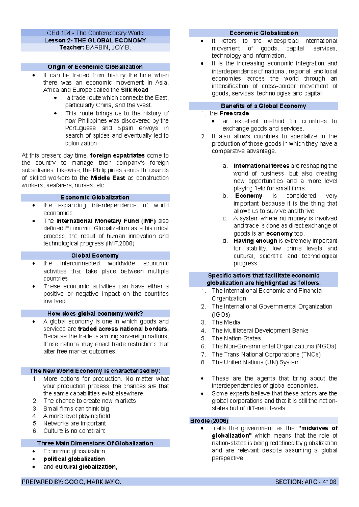 GEd 104 Lesson 2 - Understanding the Global Economy - Studocu