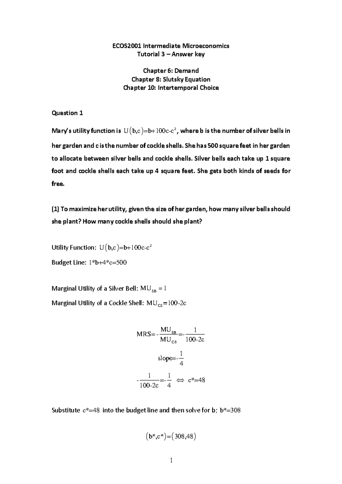 Tutorial 3 - Answer key - ECOS2001 Intermediate Microeconomics Tutorial ...