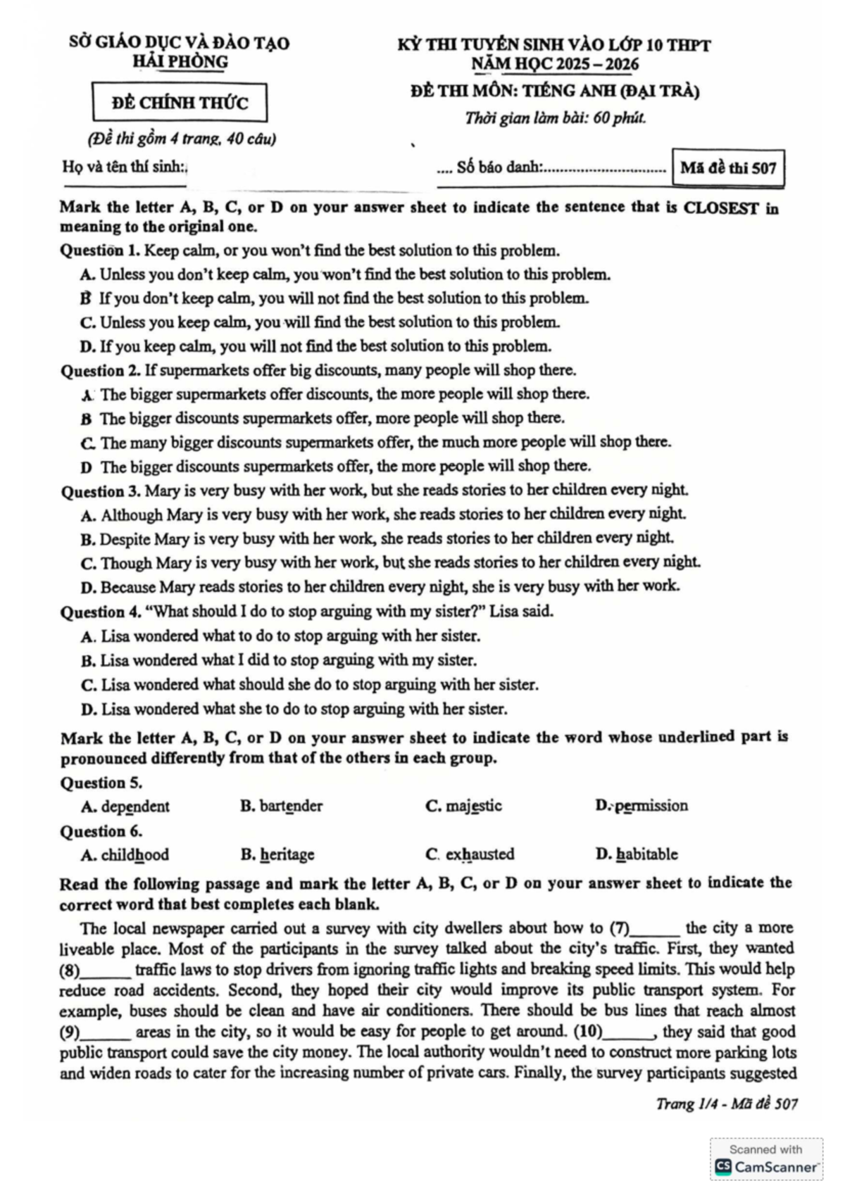 Đề Thi Chính Thức Môn Tiếng Anh Lớp 10 THPT Hải Phòng 2025-2026 (Mã Đề ...