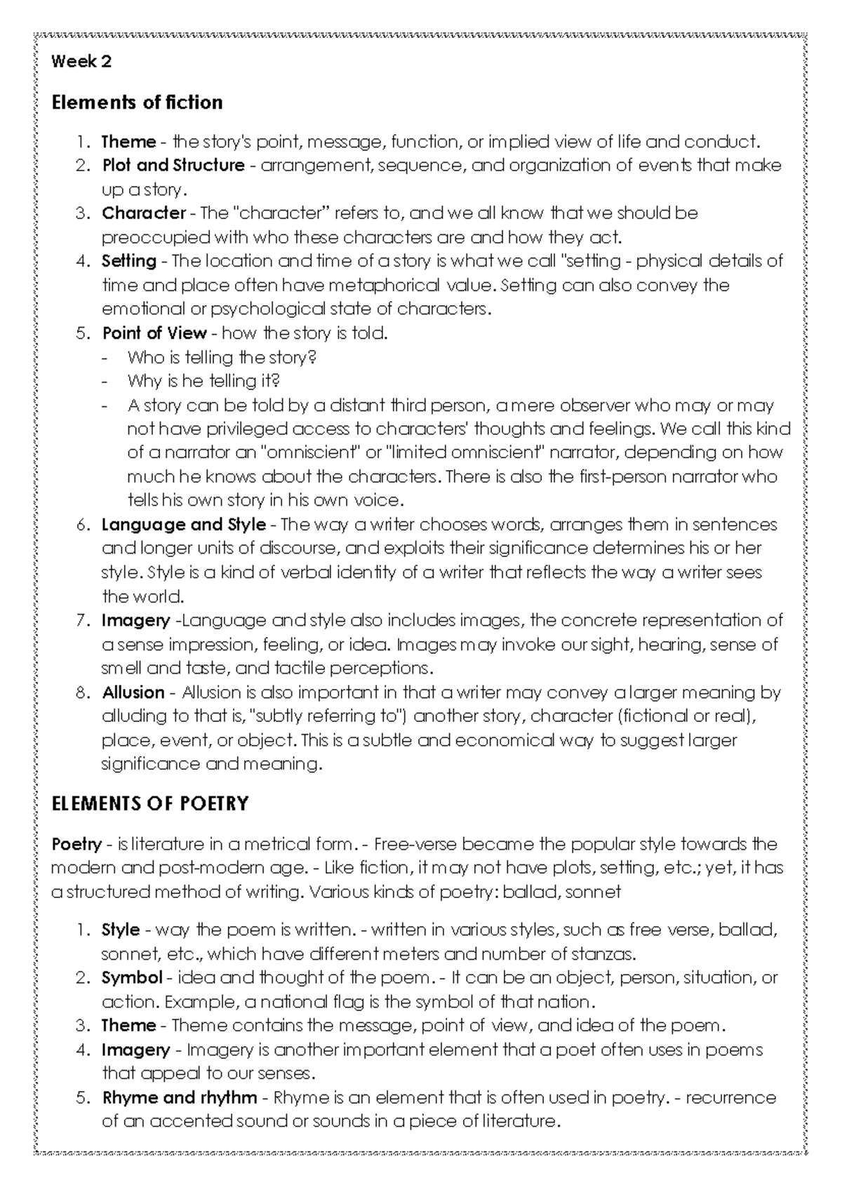 Week 2 - Elements of Fiction, Poetry, and Literary Devices Overview ...