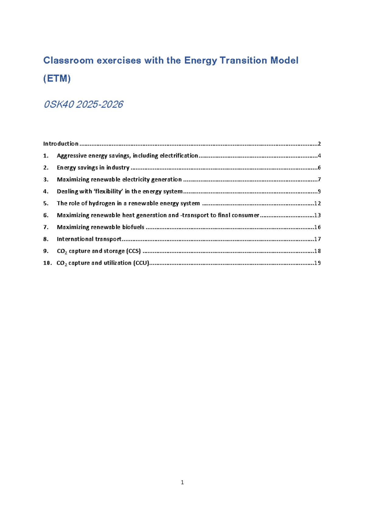 Classroom Exercises on the Energy Transition Model (ETM) 0SK40 ...