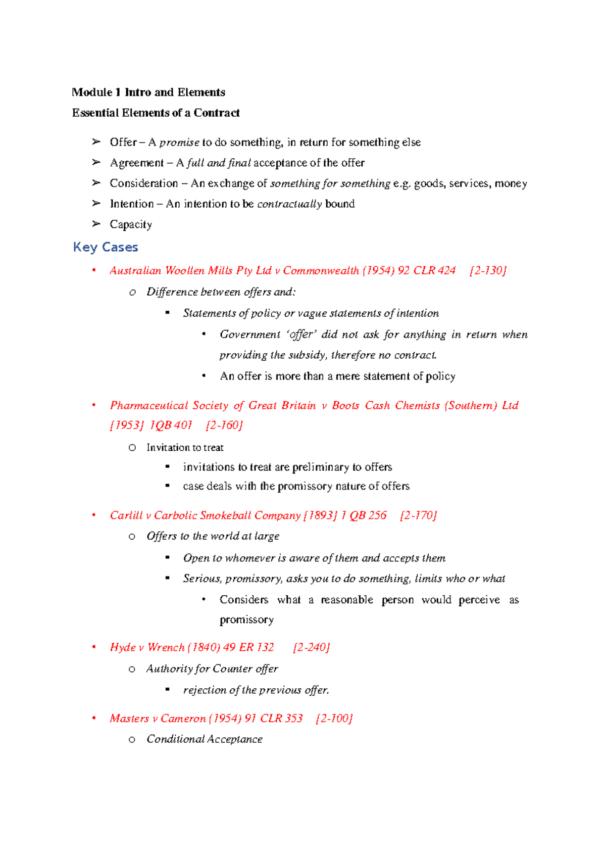 BLaw2012 Module 1: Essential Elements of a Contract - Revision Notes ...