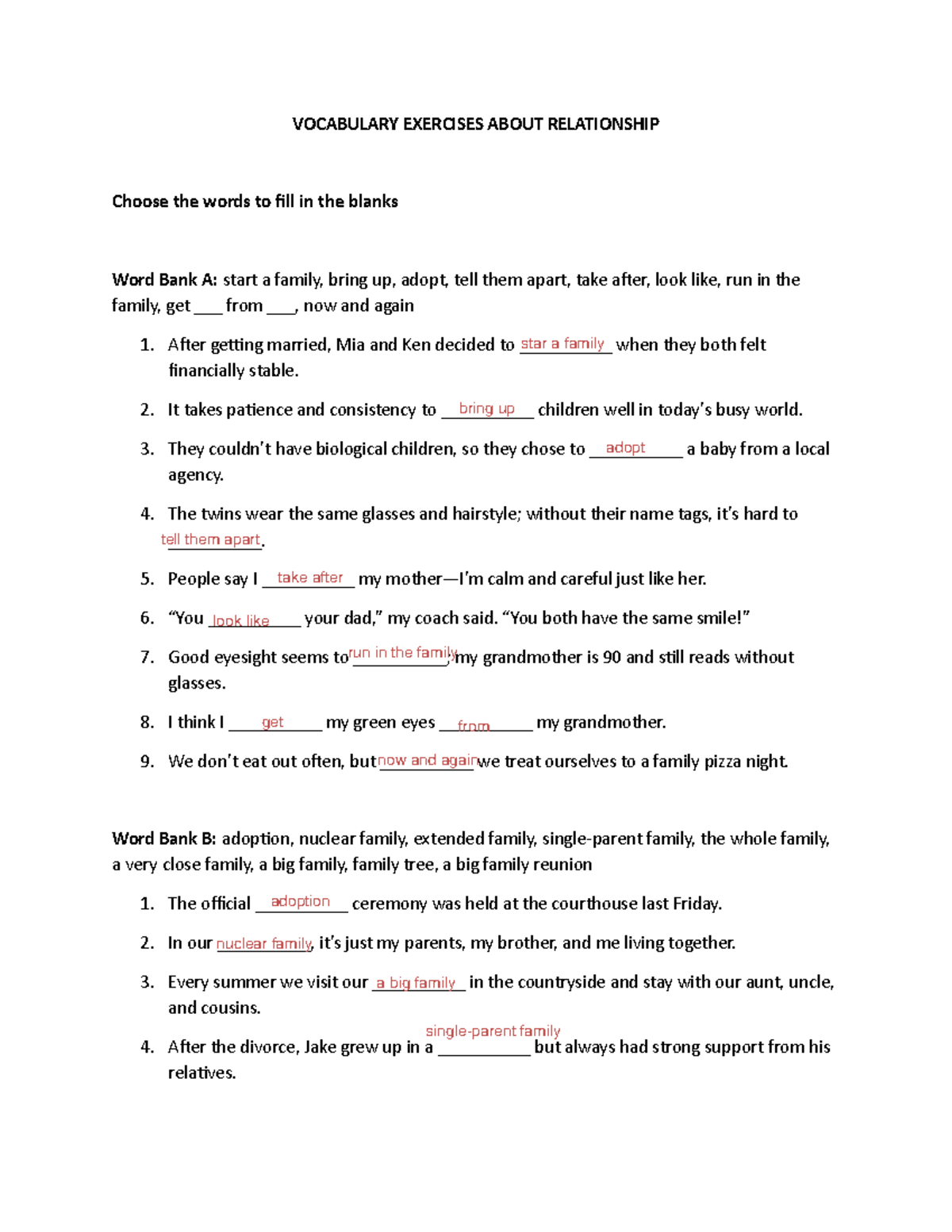 VOCABULARY EXERCISES ON RELATIONSHIPS: FILL IN THE BLANKS - Studocu