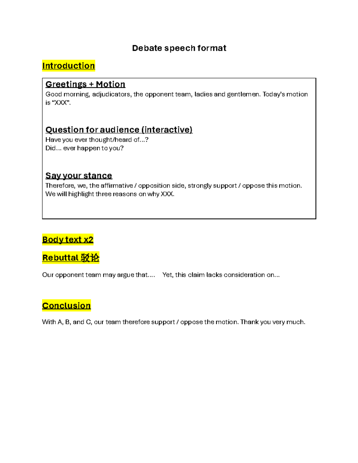 Debate speech format - Debate speech format Introduction Greetings ...