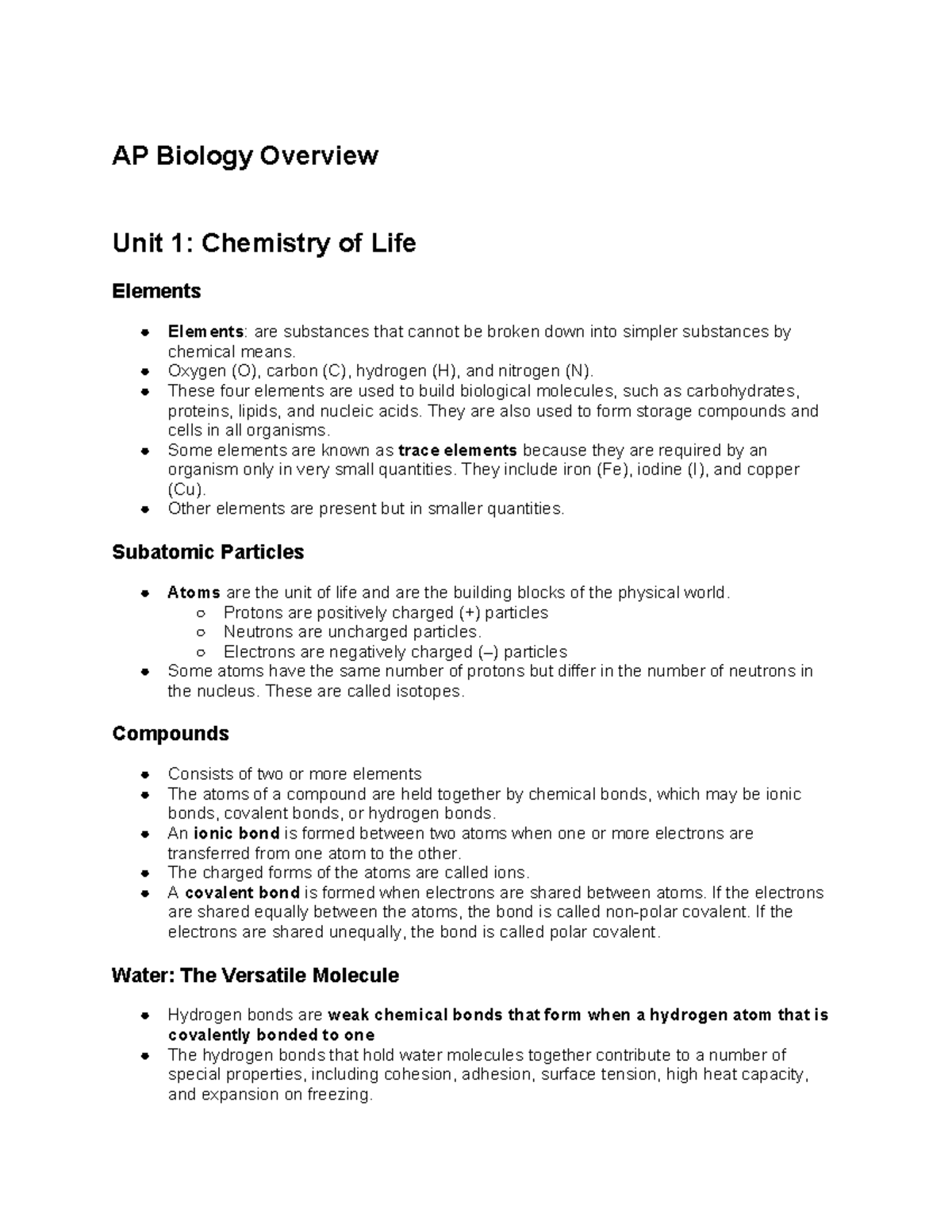 AP Biology Overview: Unit 1 - Chemistry of Life Essentials - Studocu