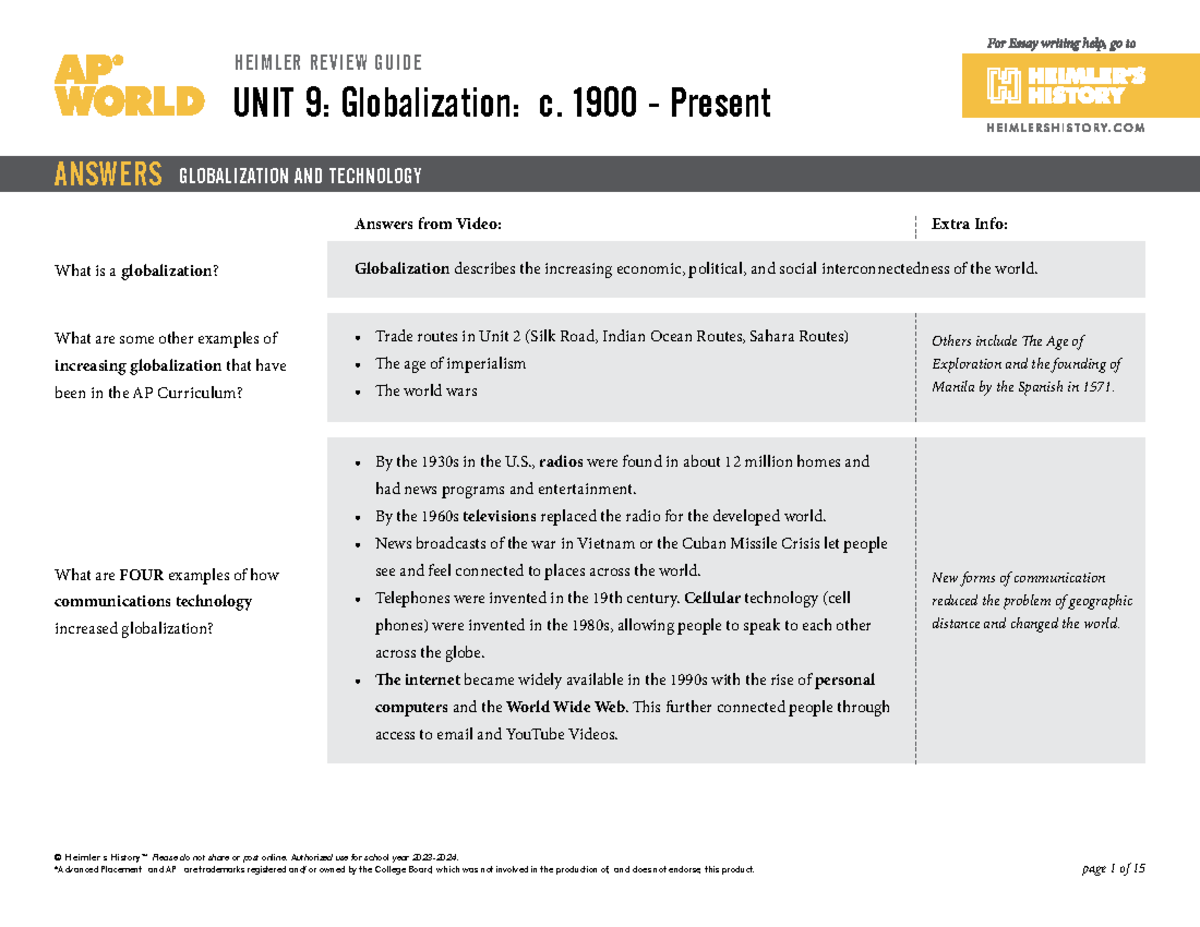 UNIT 9: Globalization: c. 1900 - Present - Comprehensive Review Guide ...