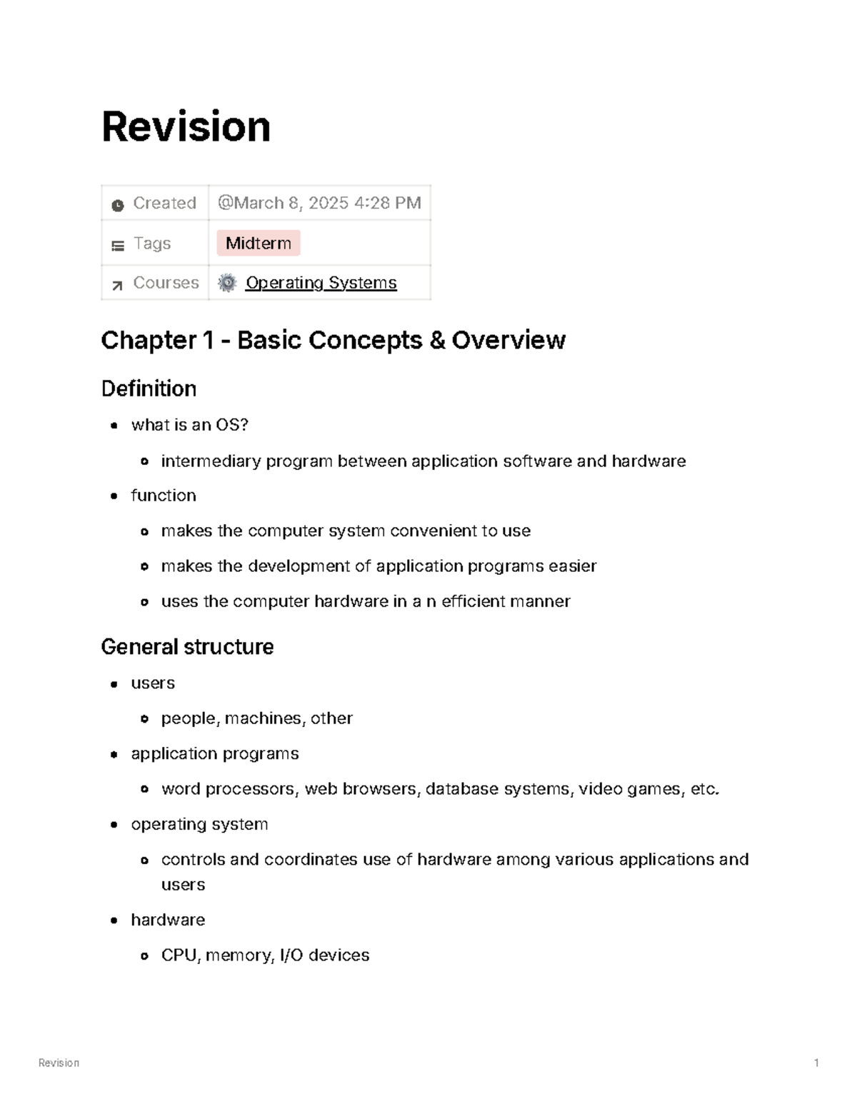 Operating Systems (OS) Midterm Revision: Chapter 1 Overview and Concepts - Studocu