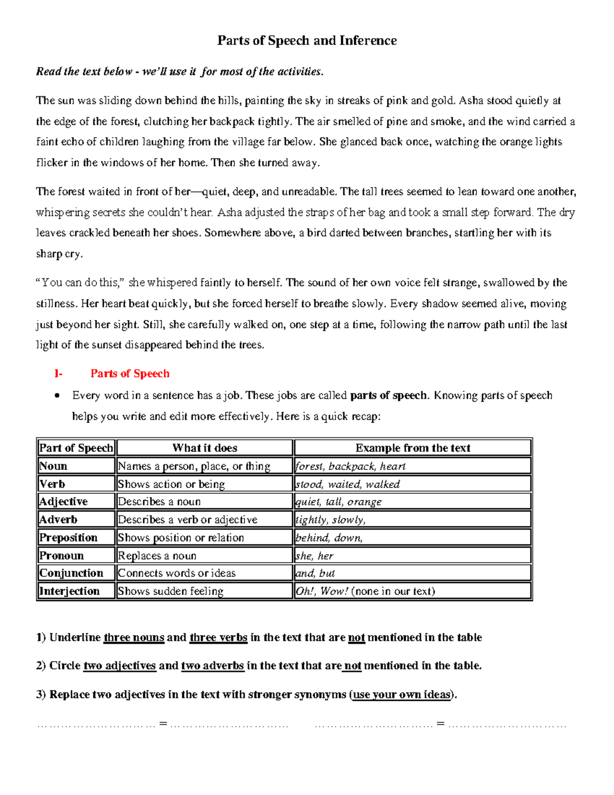 Parts of Speech & Inference Activities for Language Study - Studocu