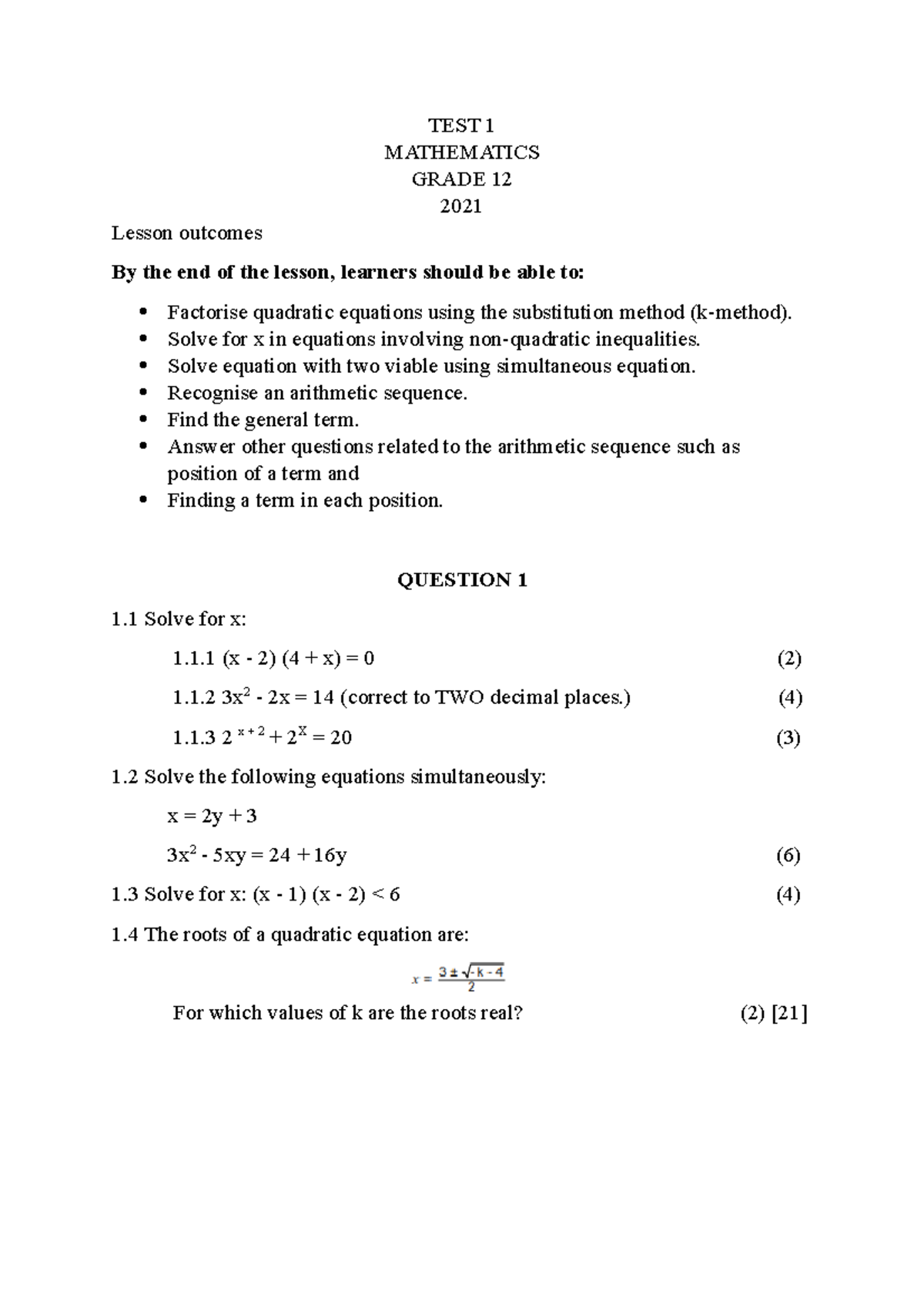 Grade 12 Mathematics TEST 1: Quadratics & Sequences Summary - Studocu