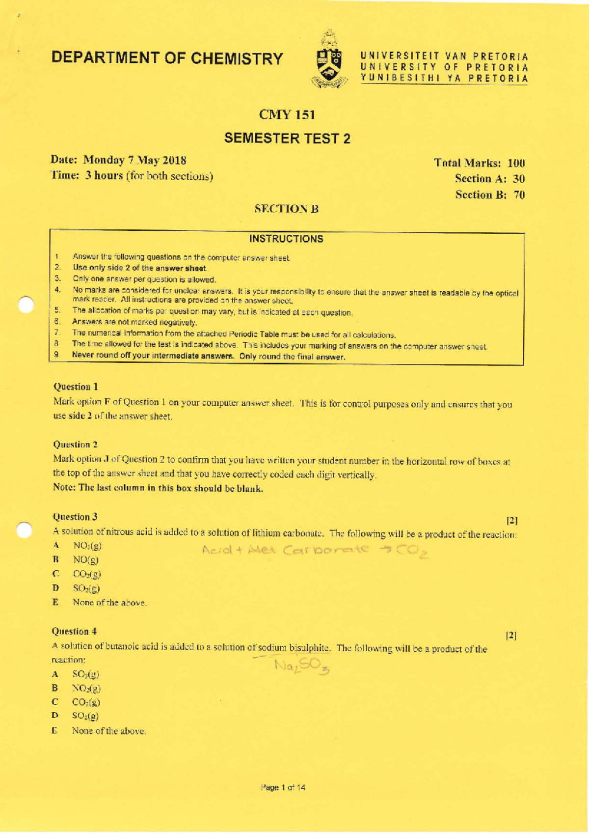 CMY 151 Semester Test 2 - Chemistry Department, University of Pretoria ...
