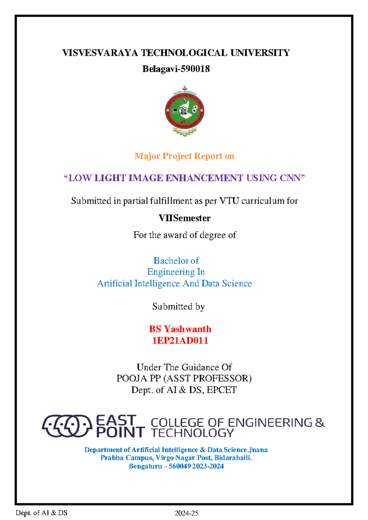 VTU 7th Sem Project Report: Low Light Image Enhancement using CNN - Studocu