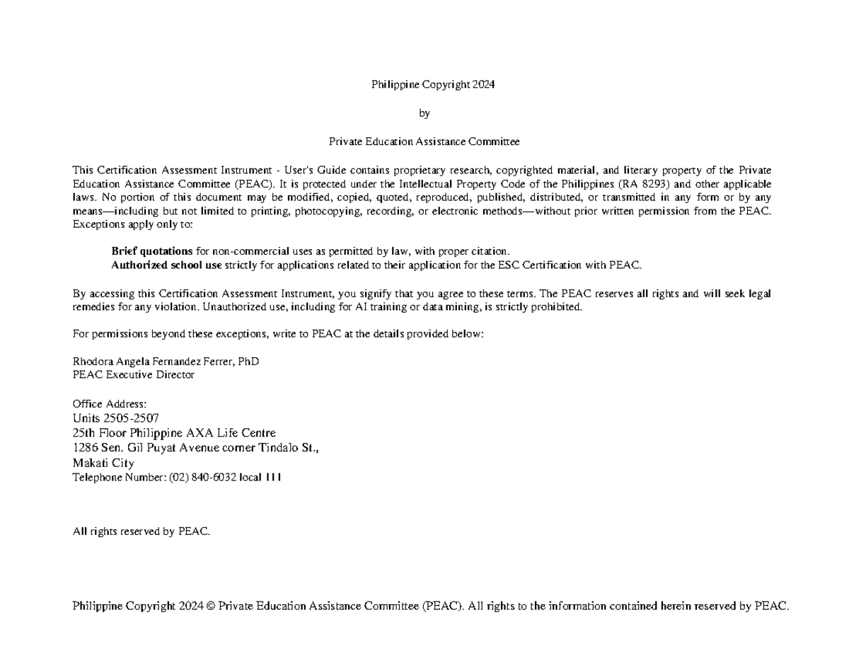 2024 PEAC JHS Certification Assessment Instrument Guide - Studocu