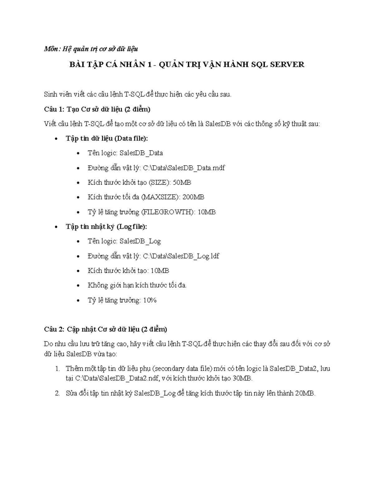 Hệ Quản Trị Cơ Sở Dữ Liệu - Bài Tập Cá Nhân 1 (SQL Server) - Studocu