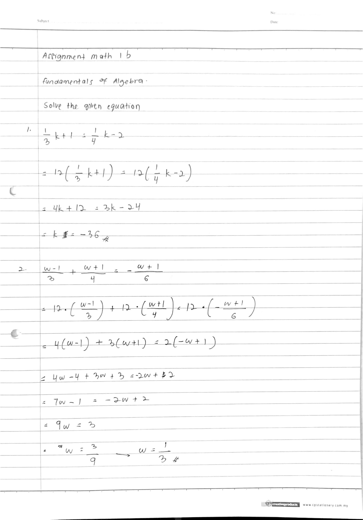 Math 1B Assignment: Fundamentals of Algebra Solutions - Studocu