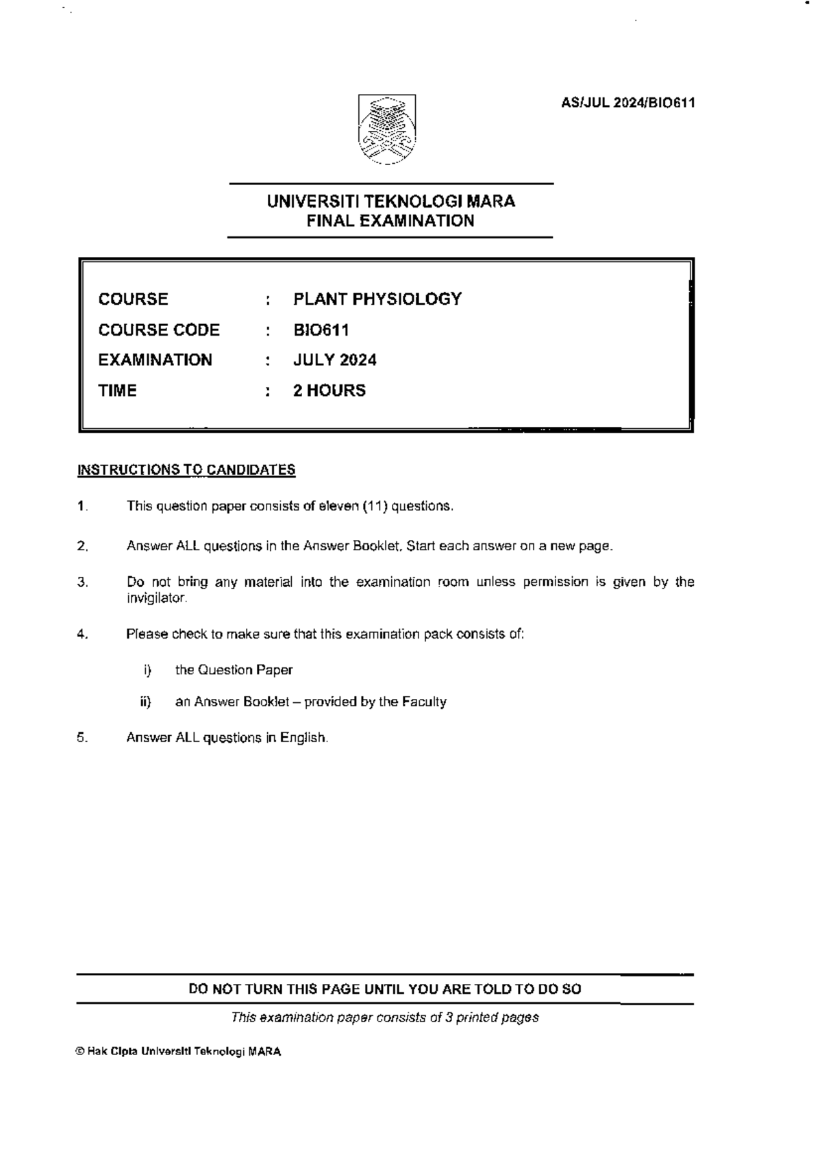 BIO611 Final Exam - Plant Physiology July 2024 - Studocu