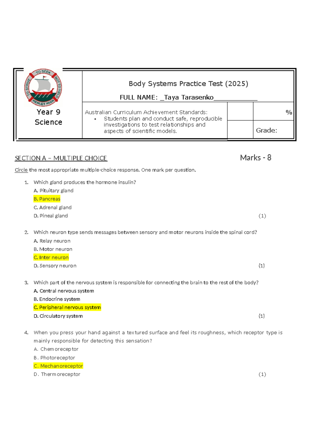 Year 9 Science Body Systems Practice Test (2025) - Studocu