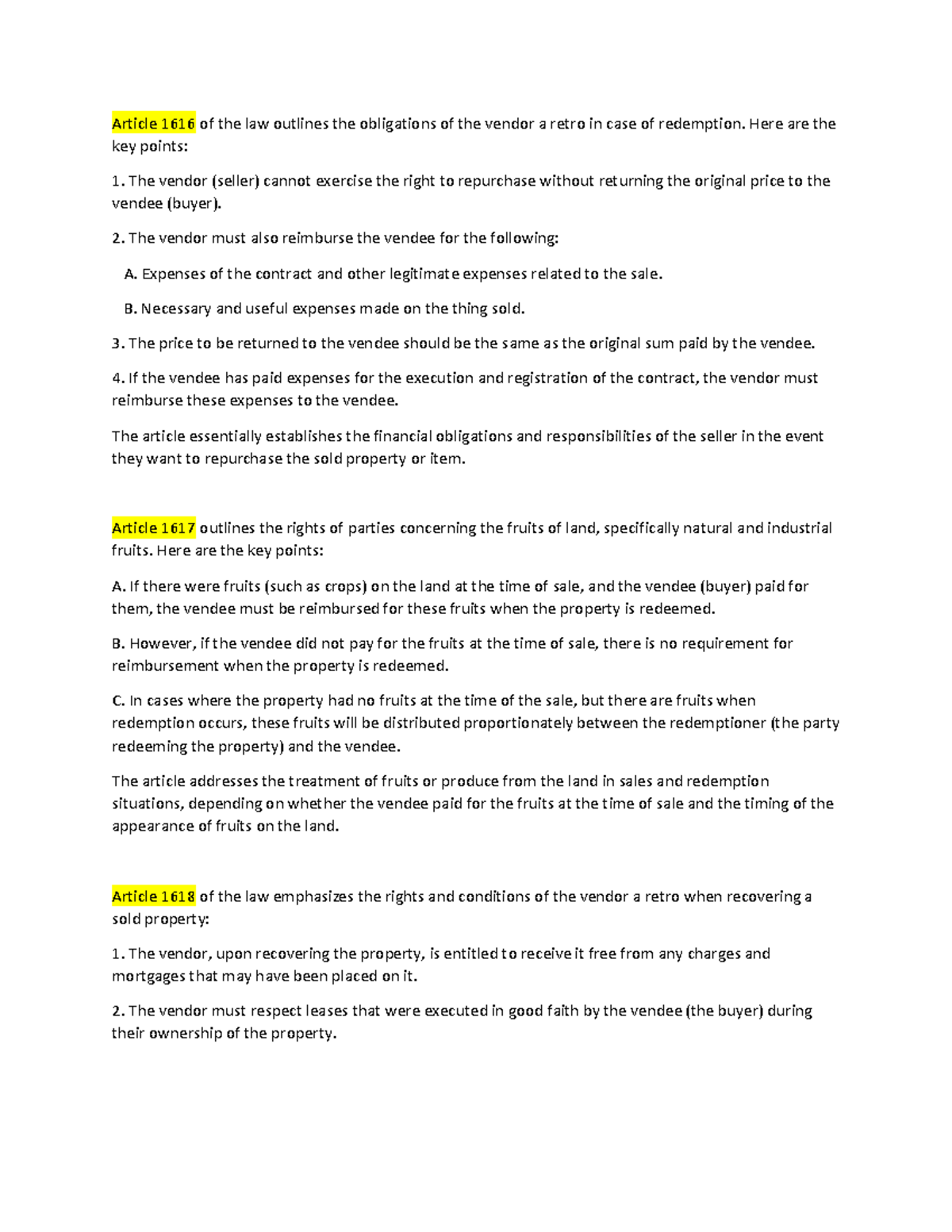 Analysis of Articles 1616 to 1623: Vendor Obligations and Redemption ...