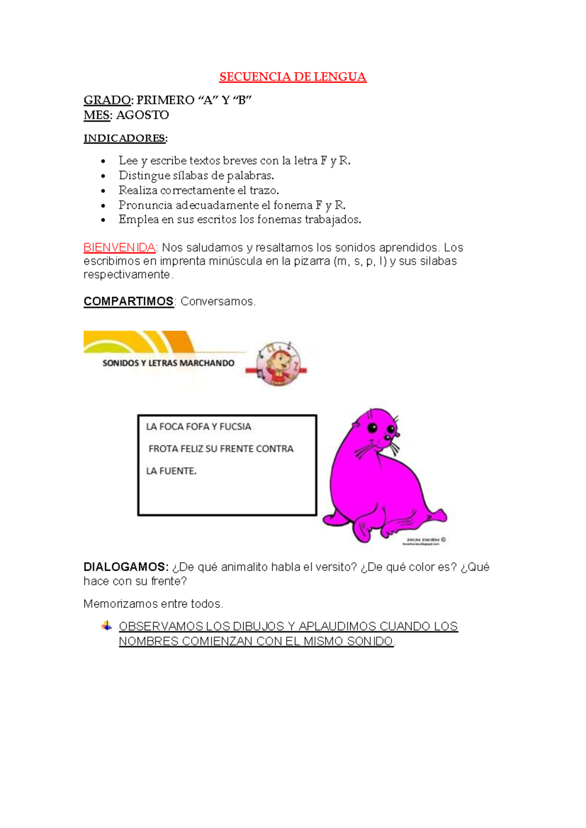 Secuencia de Lengua: Actividades de F y R - Grado Primero - Studocu