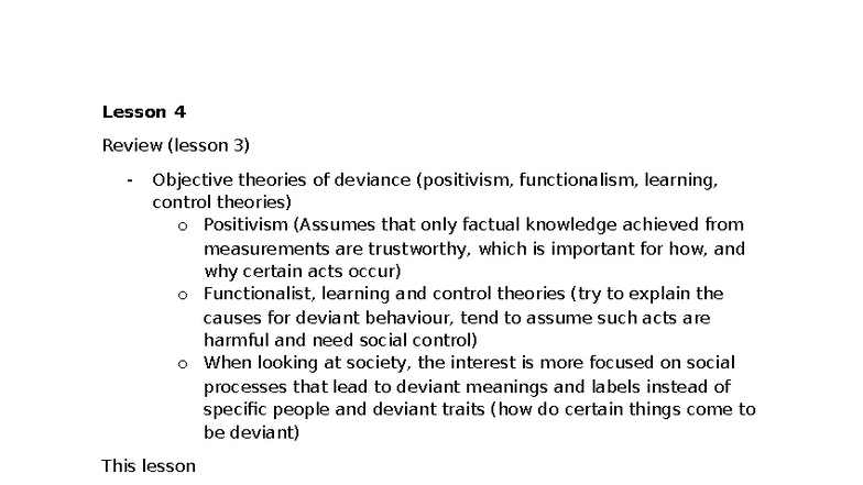 Lesson 4 Review: Objective & Subjective Theories of Deviance - Studocu