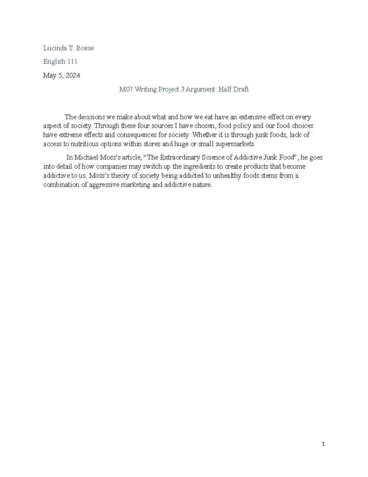 English 111: M07 Writing Project 3 Argument - Half Draft - Studocu