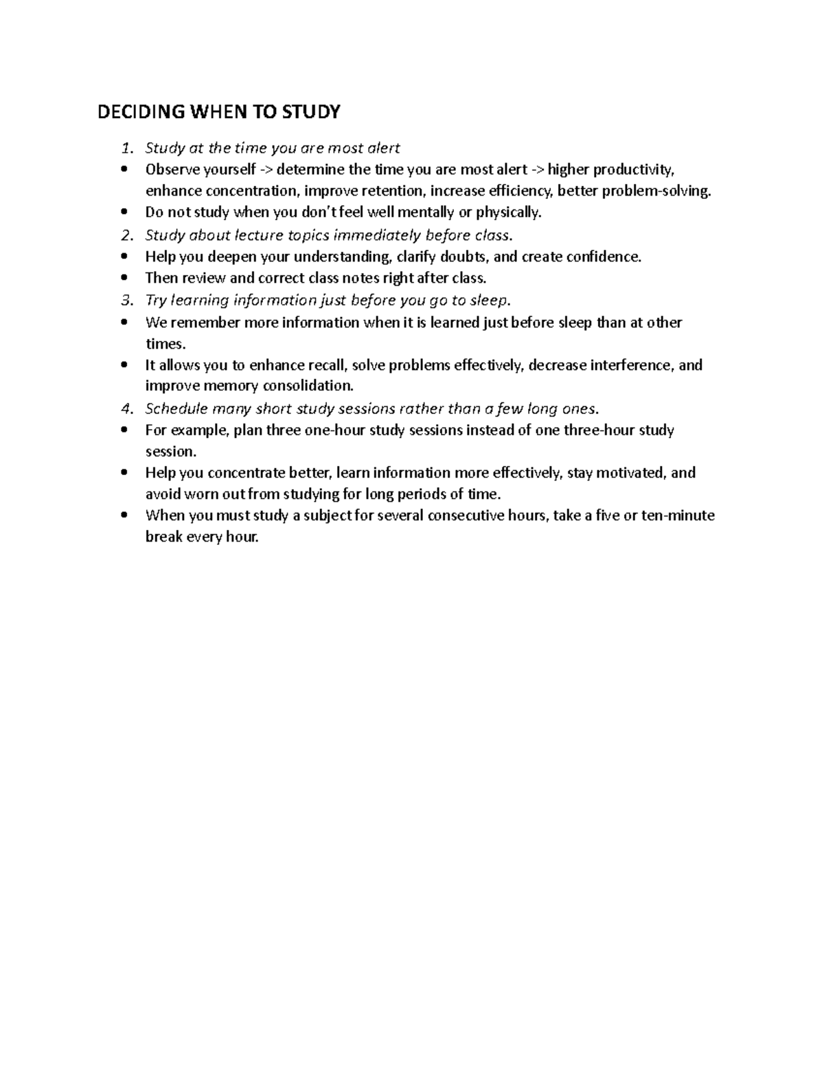 Deciding when to study - nothing - DECIDING WHEN TO STUDY 1. Study at ...