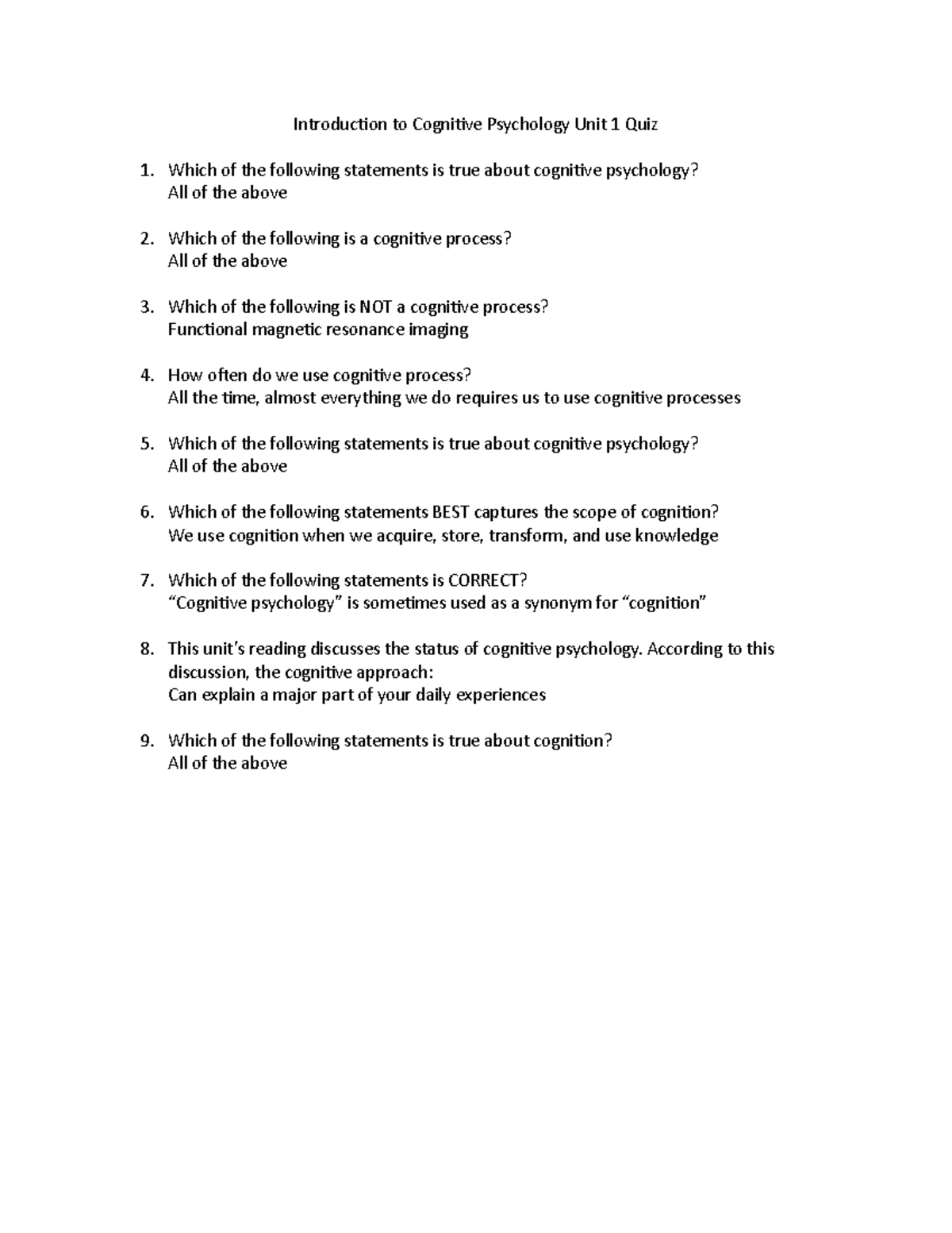 Cognitive Psychology PSY 101 Unit 1 Quiz Overview and Questions - Studocu