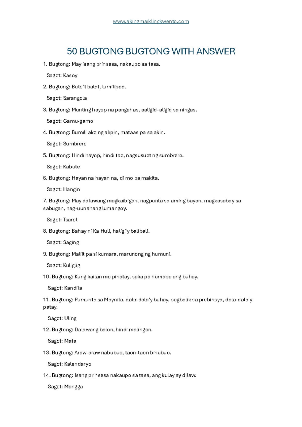 50 Bugtong Bugtong with Sagot: Detailed Compilation and Answers - Studocu