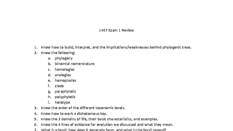 1407 Exam 1 Review - Phylogeny and Evolution Concepts - Studocu