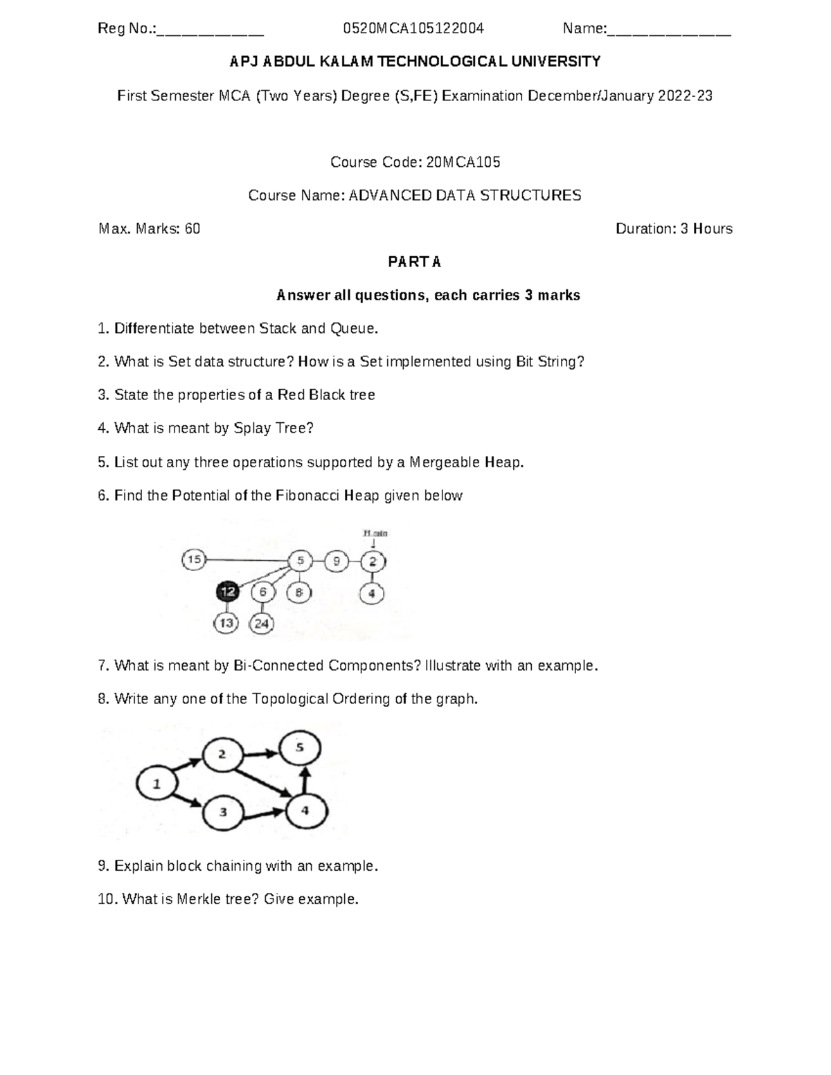 20MCA105 Advanced Data Structures - January 2022 Exam Paper - Studocu